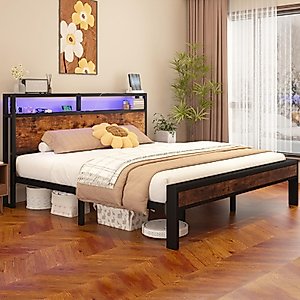 LoVinson Full Size Metal Bed Frame with Storage Headboard, Platform Bed with Charging Station & LED Lights, Wood Slat Support, No Box Spring Needed, Noise-Free, Easy Assembly, Rustic Brown