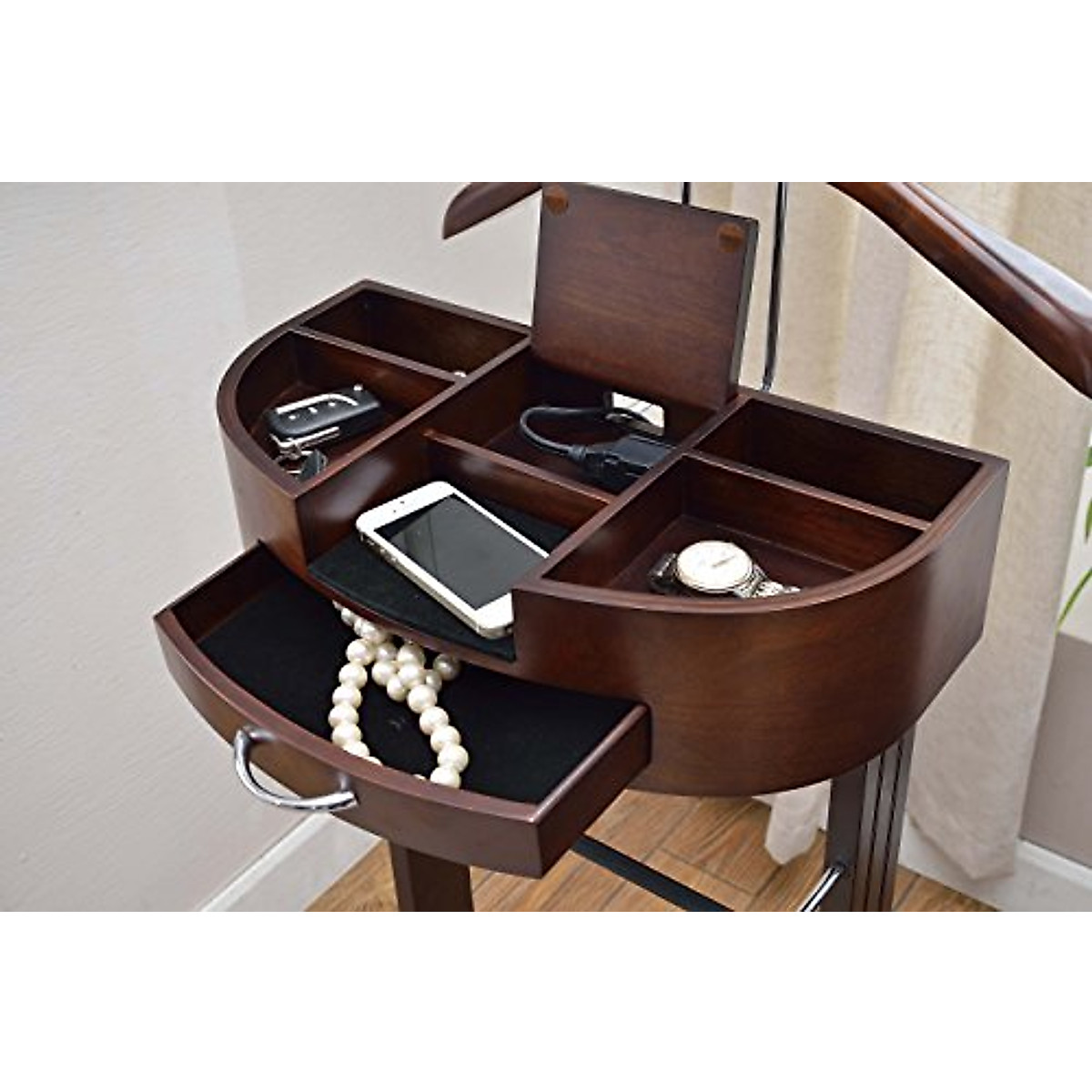 Proman Products Crescent Moon Valet Stand VL16546 with Drawer, Top Tray, Contour Hanger, Trouser Bar, Tie & Belt Hooks and Shoe Rack