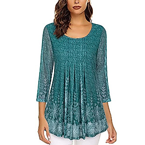 Timeson Womens Tunic Top,Long Tops to Wear with Leggings Womens 3/4 Sleeve Tops and Blouses Spring Fall Business Casual Fancy Shirts for Work Ladies Blouses Dressy Loose Fit Peasant Cyan Floral XL