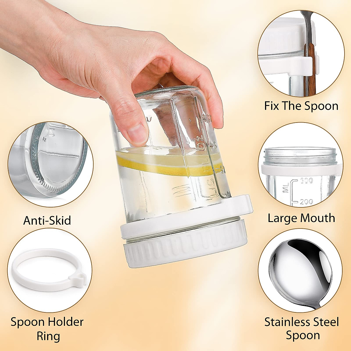 Overnight Oats Jars with Spoon and Lid (15 oz4Pack), Airtight Oatmeal Container with Measurement Marks, Mason Jars with Lid for Cereal On The Go Container (4 white)