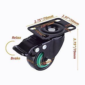 Caster Wheels 2 inch Heavy Duty with Brake,Swivel Plate(2.76 * 1.97 inch) Casters Set of 4 Total Load Capacity 616 lbs,No Floor Marks,Silent Polyurethane (PU) for Dolly Furniture Wheels