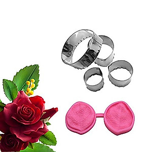 AK ART KITCHENWARE Fondant Leaf of Rose Silicone Veiner Molds Stainless Steel Cutters Set Sugarpaste Tools Cake Decorating Tools (Sawtooth Leaves)