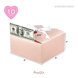 ROSEGLD 10 Gift Boxes 8x8x4 Inches, Gift Boxes with Ribbons, Bridesmaid Gift Boxes with Lids for Light Weight Gifts (Glossy Rose Gold with Grass Texture)