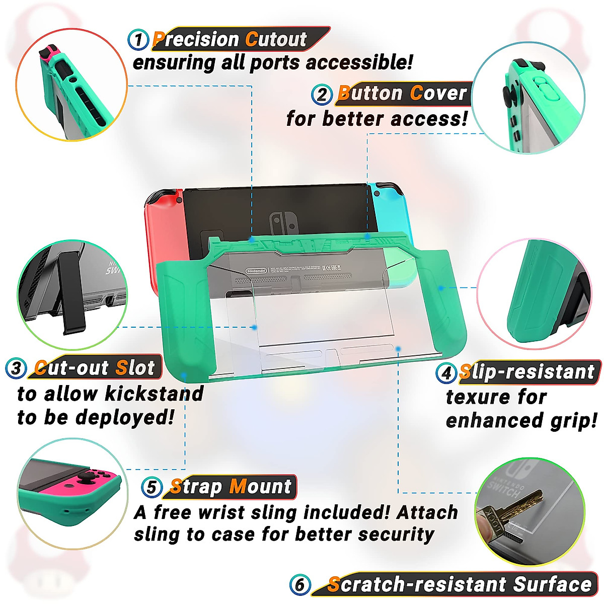 Innoc Switch Case Dockable Case for Nintendo Switch with Screen Protector and Thumb Caps, Ergonomic TPU Grip Ultra-Thin Protective Case for Nintendo Switch (Green)