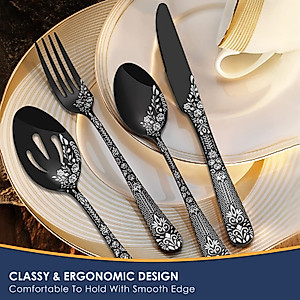 EUIRIO 53-Piece Black Silverware Set with Serving Utensils, Black Flatware Set for 8, Stainless Steel Mirror Cutlery Set, Spoons Forks Knives with Unique Floral Laser, Tableware Set, Dishwasher Safe