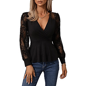 SweatyRocks Women's Floral Lace Long Sleeve V Neck Wrap Top Flare Hem Peplum Blouse Black S
