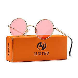 HJSTES Round Polarized Sunglasses Womens Men Retro Circle Lennon Glasses Hippie Shades(Gold/Pink)