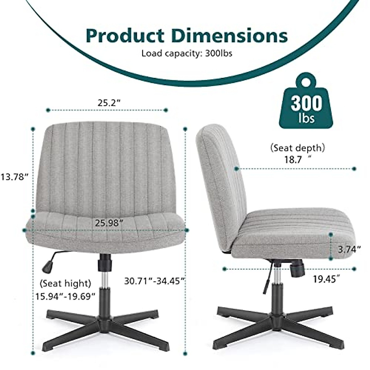 Criss Cross Chair No Wheels, Swivel Criss Cross Legged Chair, Modern Fabric Vanity Chair, Height Adjustable Wide Armless Chair for Small Spaces (Grey)