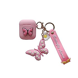 BSFHQS for Airpods Case, 3D Butterfly Silicone Airpods Case with Keychain Compatible for Apple Airpods 2&1 Charging Case-Pink for Cute Girls Kids Women