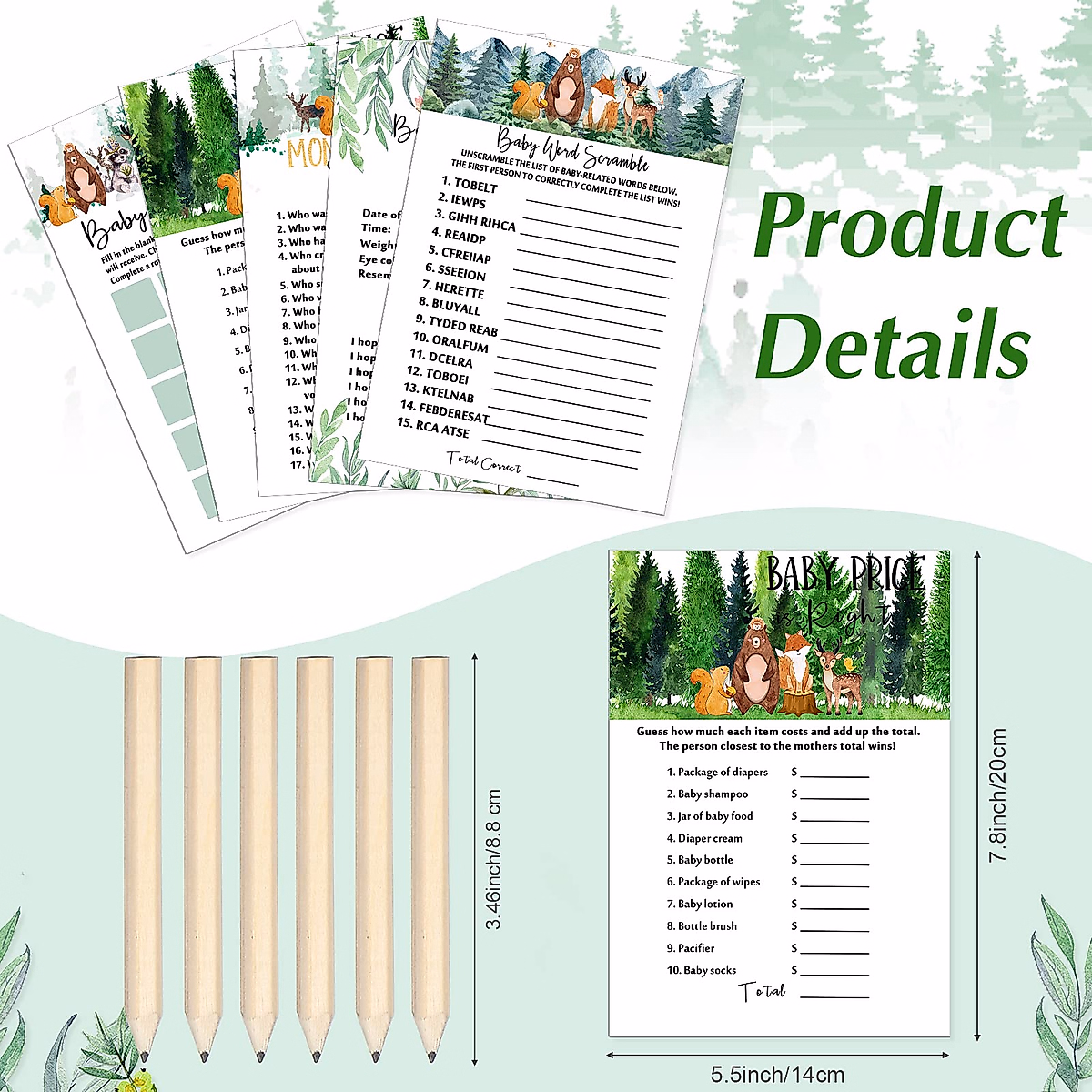 Gersoniel 135 Pieces Woodland Baby Shower Game Cards Forest Animals Baby Shower 5 Games Set Guess Who Mommy or Daddy Game Well Wishes Bingo Game Woodland Creatures Theme with Pencils for Boy Girl