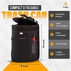 EcoNour Car Trash Can with Lid & Storage Pockets | Waterproof Garbage Can | Hanging Trash Bin with Removable Inner Bag | Trash Can for SUVs, Trucks & More | Black