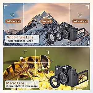 JUSTFX 4K Digital Camera,Vlogging Camera with WiFi for YouTube,Autofocus 16X Zoom 48MP Cameras Photography 64GB SD Card,Wide Angle & Macro Lens,2 Batteries,180°Flip Screen,Black