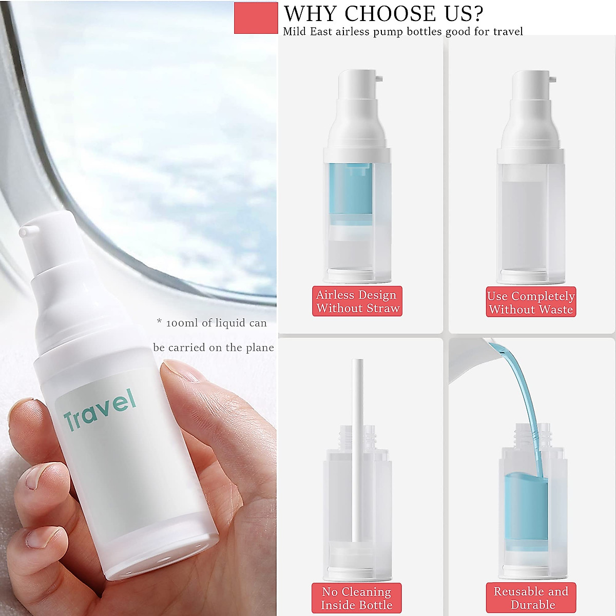 Mild East 3pcs 20ml Sterile Airless Pump Bottle with Funnel Easy to Carry and Fill Matte Lotion Bottles For Travel