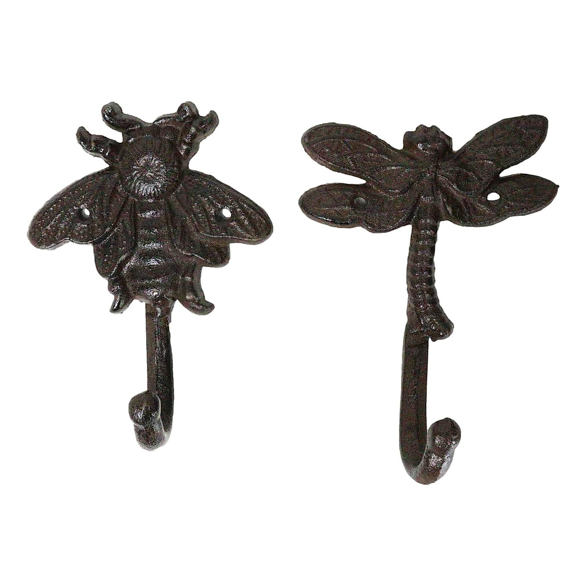 Ebros Set of 4 Cast Iron Vintage Rustic Fancy Bugs Bee Ladybug Butterfly and Dragonfly Wall Hooks Plaque Countryside Western Vintage Cottage Home Or Office Organization