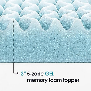 Mellow 3 Inch 5-Zone Memory Foam Mattress Topper, Cooling Gel Infusion, Queen, Blue