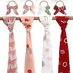 Tatuo 8 Pcs Baby Receiving Blanket Cotton 47 x 47 Inches Muslin Swaddle Blankets 4 Headband 4 Baby Swaddle for Newborns Accessories Set Breathable Soft Flamingo Flower Blankets(Boho Rainbow)