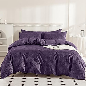 JELLYMONI Duvet Cover King Size - Purple Microfiber Tufted Duvet Cover Set, Boho Textured Duvet Cover Jacquard Rhombus Geometric Pattern Duvet Cover with Corner Ties & Zipper Closure