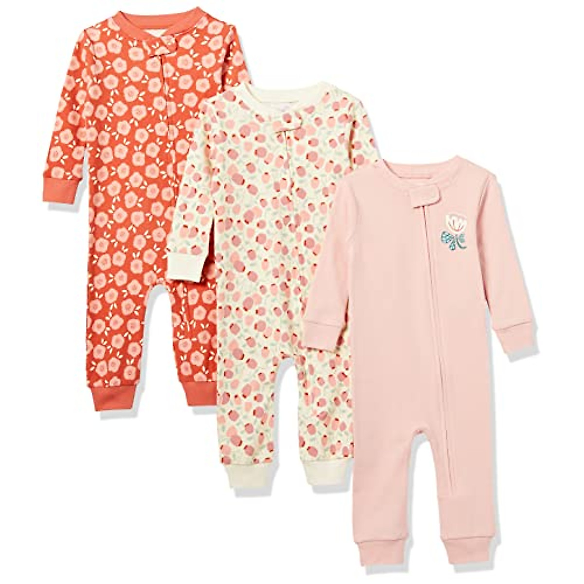 Amazon Essentials Baby Girls' Snug-Fit Cotton Footless Sleeper Pajamas, Pack of 3, Flowers/Garden Party, 12 Months