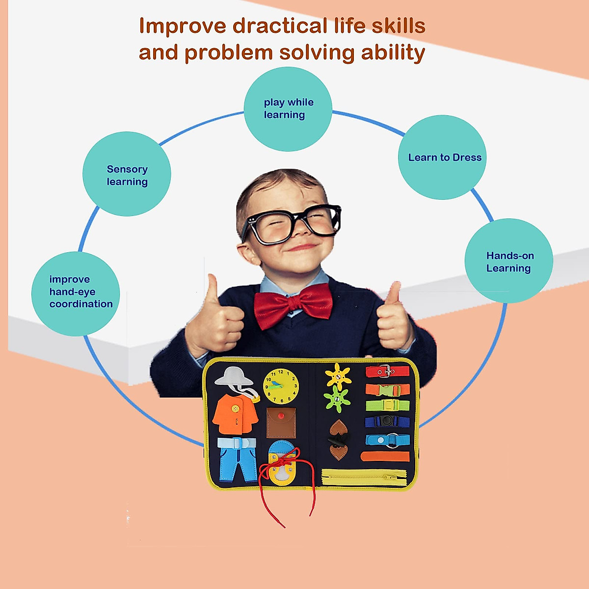Busy Board for 1 2 3 4 5 Year Old Montessori Toddlers Toy for Fine Motor Skill Sensory Learning Board Learning Basic Dress Skills Travel Toys for Plane and Car