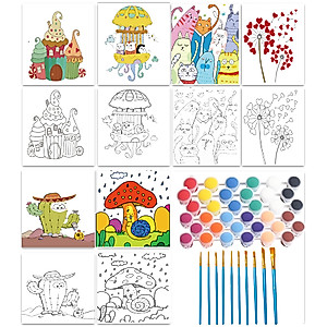 Aosemili Kids Predrawn Canvas for Painting - 6 Packs 8x10 in Painting Canvas Panels Acrylic Paint Set with 12 Paints 10 Brushes for Girls Boys and Beginners