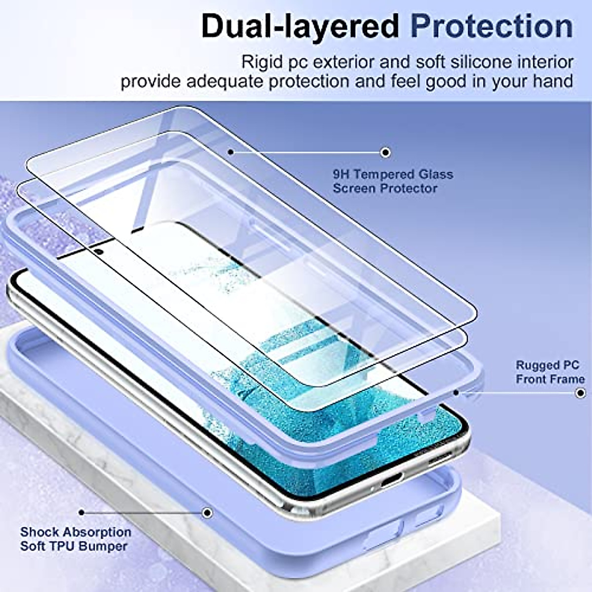 LeYi for Samsung Galaxy S22 Case, Galaxy S22 Case with [2 x Tempered Glass Screen Protector], Full-Body Shockproof Soft Silicone Protective Phone Cover Case for Samsung Galaxy S22 5G 6.1'', Violet