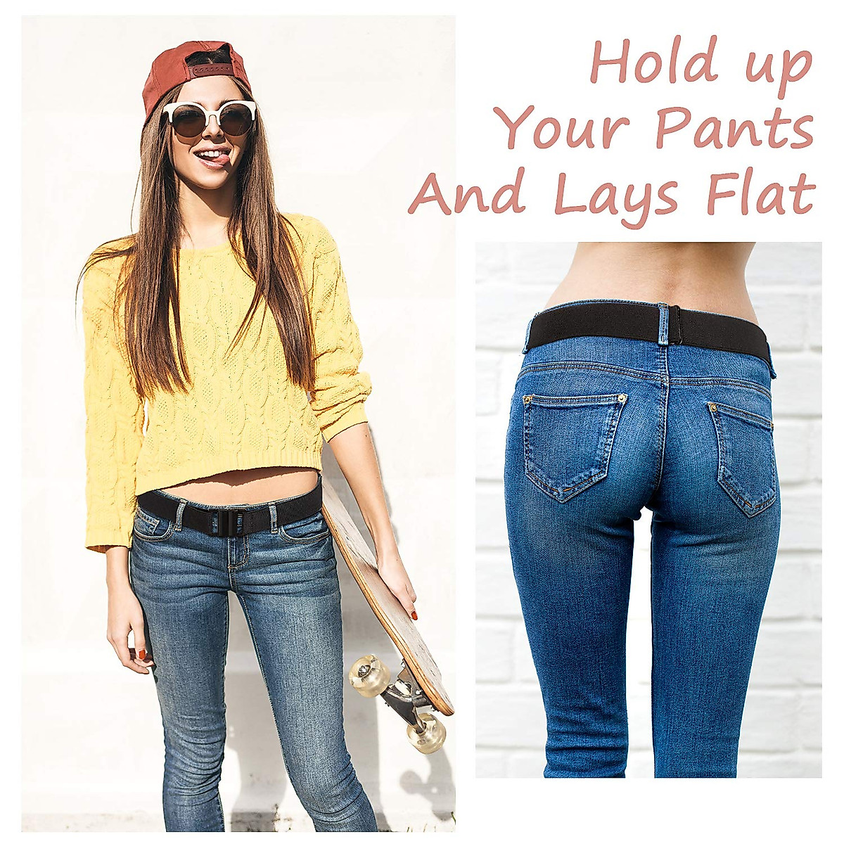 4 Pieces Women Elastic Stretch Belt Invisible No Show Waist Belt with Flat Buckle (Black Blue Khaki Coffee)