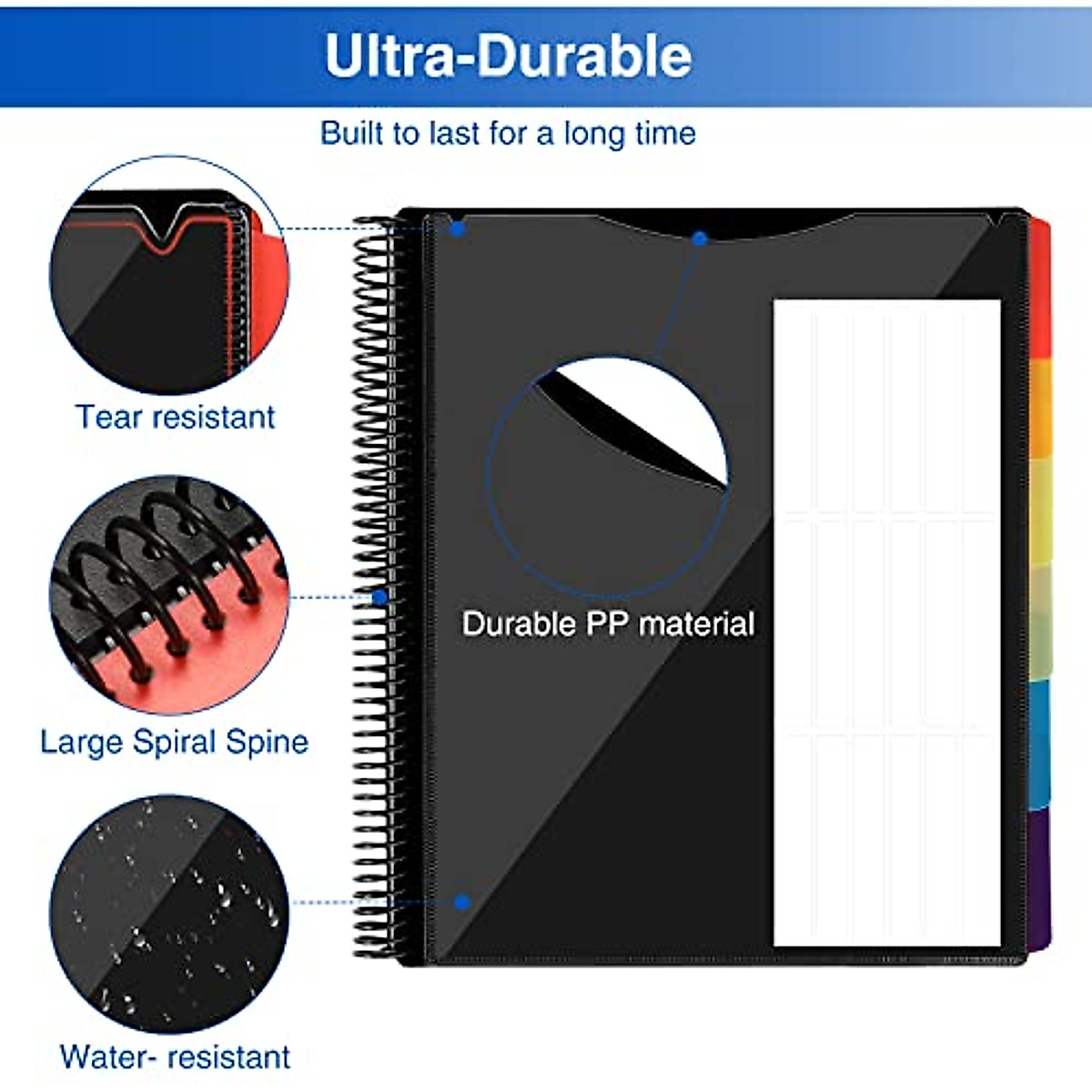 12 Pocket Project Organizer, Forvencer 1/6-cut Tab Binder Organizer with Sticky Labels, Multi Pocket Folder with Zipper Pouch, Folder Binder Spiral Pocket Organizer Folder Notebook, Letter Size, Black