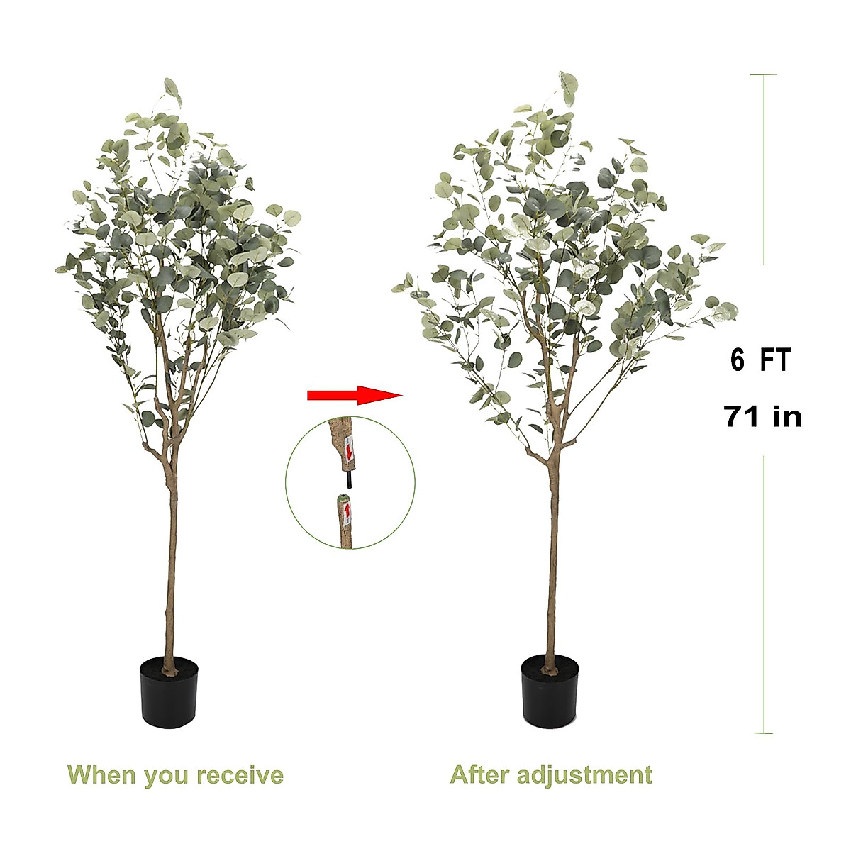 Erlandens 6FT Artificial Eucalyptus Tree 71in Modern Fake Plant Silk Faux Eucalyptus Silver Dollar Leaves in Pot for Outdoor Indoor Office Housewares Living Room Wedding Decor