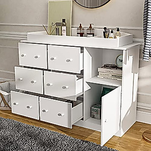 ECACAD Nursery Storage Dresser Chest with 6 Drawers & Guard Table Top, Modern Chest of Drawers with Door & 2 Cubes for Bedroom, Nursery, White (53.7”L x 18.4”W x 37.4”H)