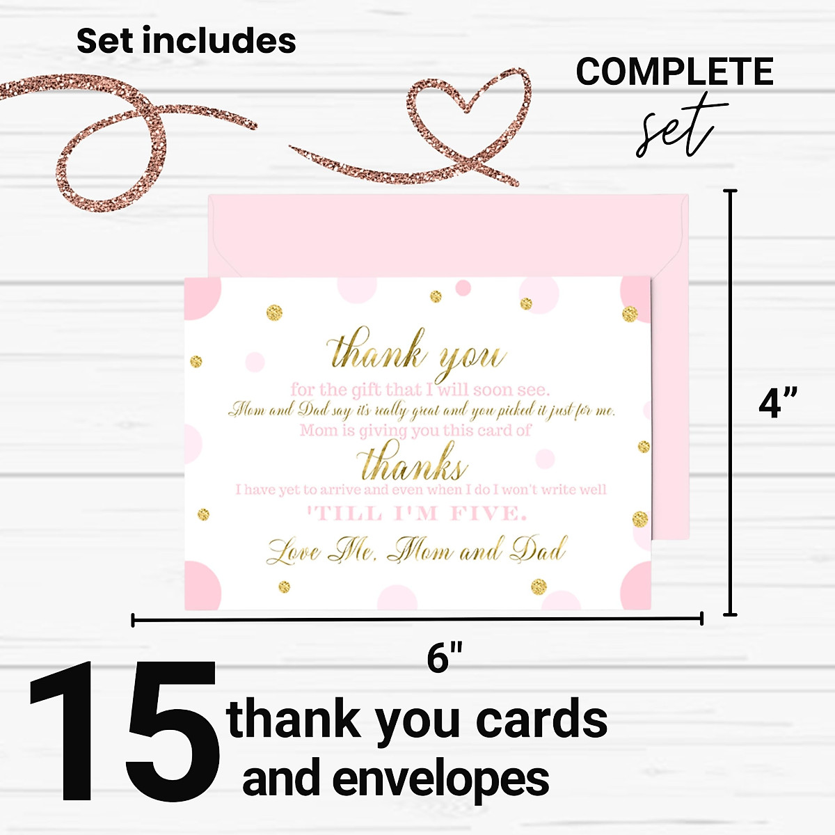 Paper Clever Party Pink and Gold Baby Shower Thank You Cards with Envelopes Blank Notes Prefilled with Message Girls Personalize Cute Princess Notecards Twinkle Star 4x6 Stationery Set, 15 Pack