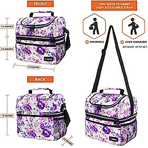 opux Lunch Box For Women, Insulated Large Lunch Bag Adult Work, Double Decker Lunchbox Meal Prep, Dual Compartment Leakproof Lunch Cooler, Soft Lunch Pail Tote for Girls Kids School, Floral Purple