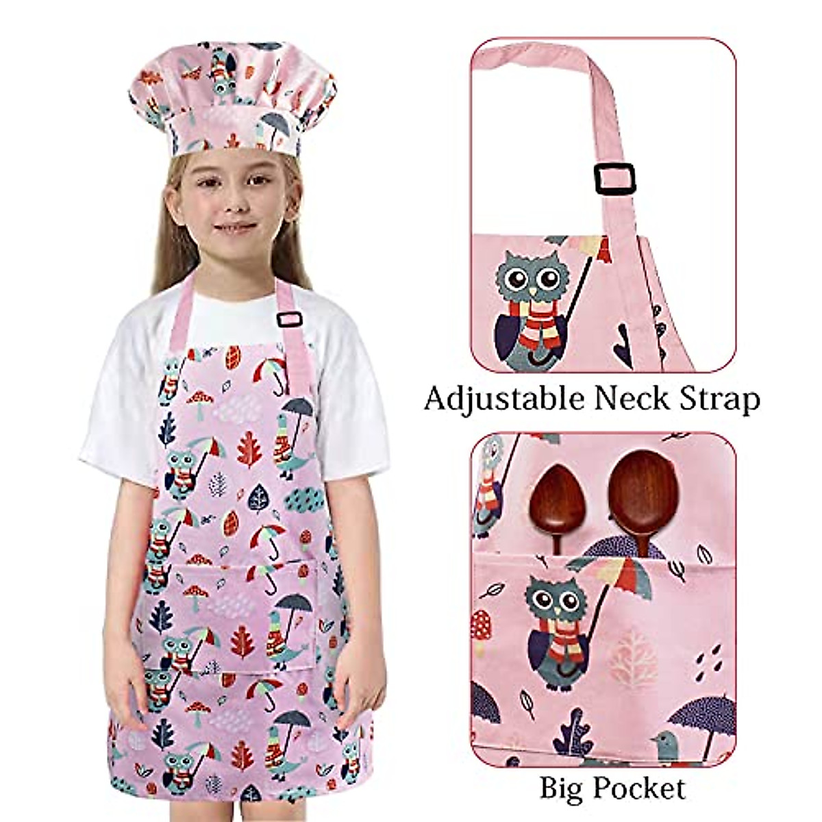 Pipoobear Kids Apron and Chef Hat for Girls Aged 6-12, Pink Children Kitchen Chef Costume Dress Up Set, Toddler Cotton Apron with Pocket and Adjustable Strap for Cooking Baking Painting Gardening