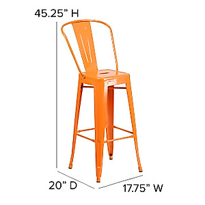 EMMA + OLIVER Commercial Grade 30" H Orange Metal Indoor-Outdoor Barstool with Back