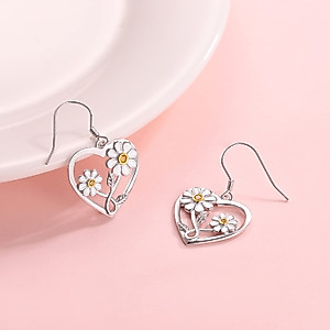 Daisy Sunflower Drop Earrings for Women - 925-Sterling-Silver Delicate Daisy Flowers Heart Dangle Earring Jewelry for Girls, Forever in My Heart White Daisy Sunflowers Drop Earrings Gifts