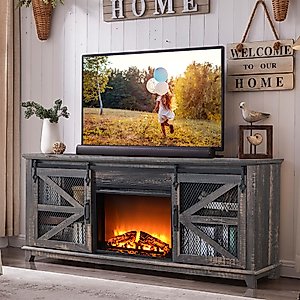 OKD Fireplace TV Stand for 70 75 Inch TV, Industrial & Farmhouse Entertainment Center with Sliding Barn Door & 23" Electric Fireplace, Rustic Media Console Cabinet for Living Room, Dark Rustic Oak