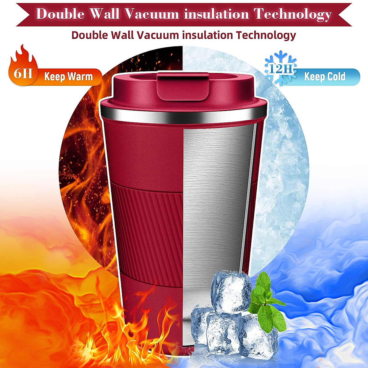 BAYTWA Coffee Tumbler 12oz/380ml - Insulated Coffee Mug with Lid, Leakproof Travel Coffee Cup, Stainless Steel Reusable Coffee Mug for Hot&Cold Drinks, Thermal Coffee Cups for Men Women-Red/1 Pack