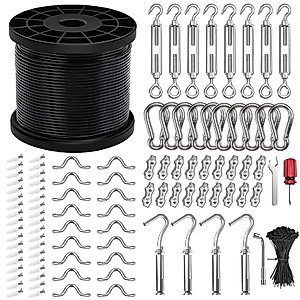 String Light Hanging Kit with 400FT Vinyl Coated 304 Stainless Steel Wire Rope, Globe String Light Suspension Kit, Outdoor Light Guide Wire Kit Included Turnbuckles, Enough Accessories, Use Manual