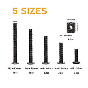 binifiMux 50pcs Crib Hardware Screws, M6 x 20mm/ 30mm/ 40mm/ 50mm/ 60mm Black Hex Socket Cap Bolts Barrel Nuts Assortment Kit for Cot Crib Bed Chairs