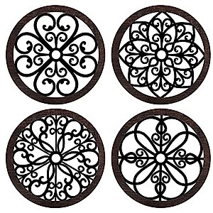 4 Pieces Thicken Rustic Wall Decor Farmhouse Wall Art Decor Wooden Hollow Carved Design Rustic Round Wall Art for Living Room Bedroom Hallway Decor Office Kitchen Wall Decoration (Black, Brown)