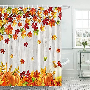 Juirnost Fall Shower Curtain Autumn Thanksgiving Day Pumpkin Shower Curtain Farmhouse Falling Maple Leaves Rustic Wooden Board Shower Curtain Home Bathtubs Decors 12 Hooks Washable Polyester 72"x72"