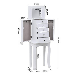 Karl home White Jewelry Armoire With Top Flip Mirror and Storage Organizer, Standing Jewelry Cabinet With 5 Grey flannel Drawers, 2 Side Doors and 4 Solid Wood Legs