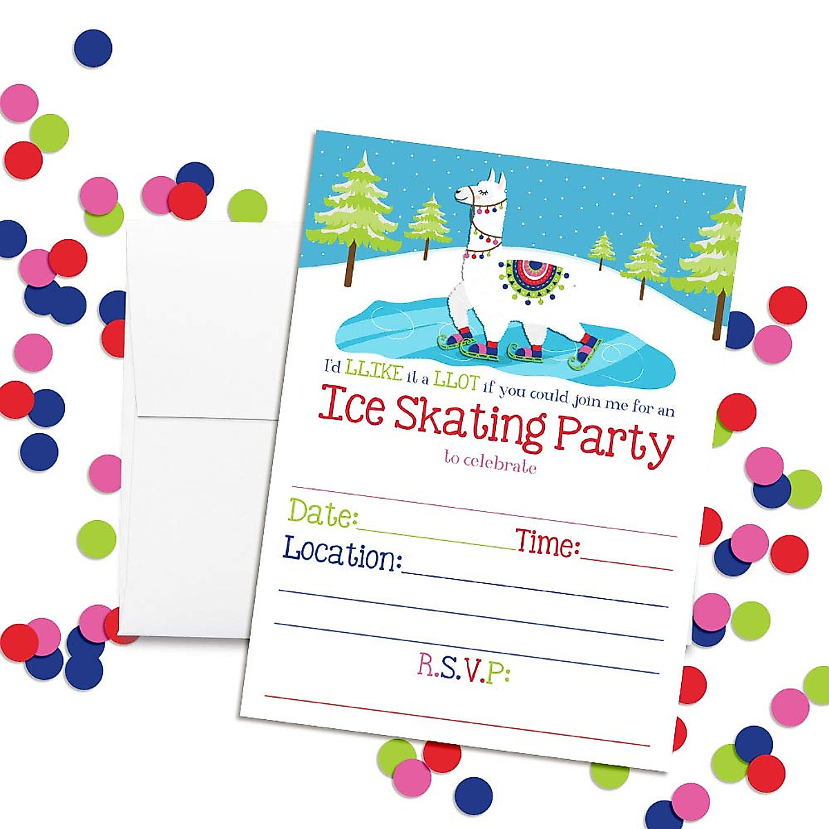 Colorful Llama Ice Skating Birthday Party Invitations, 20 5x7 Fill In Cards with Twenty White Envelopes by AmandaCreation