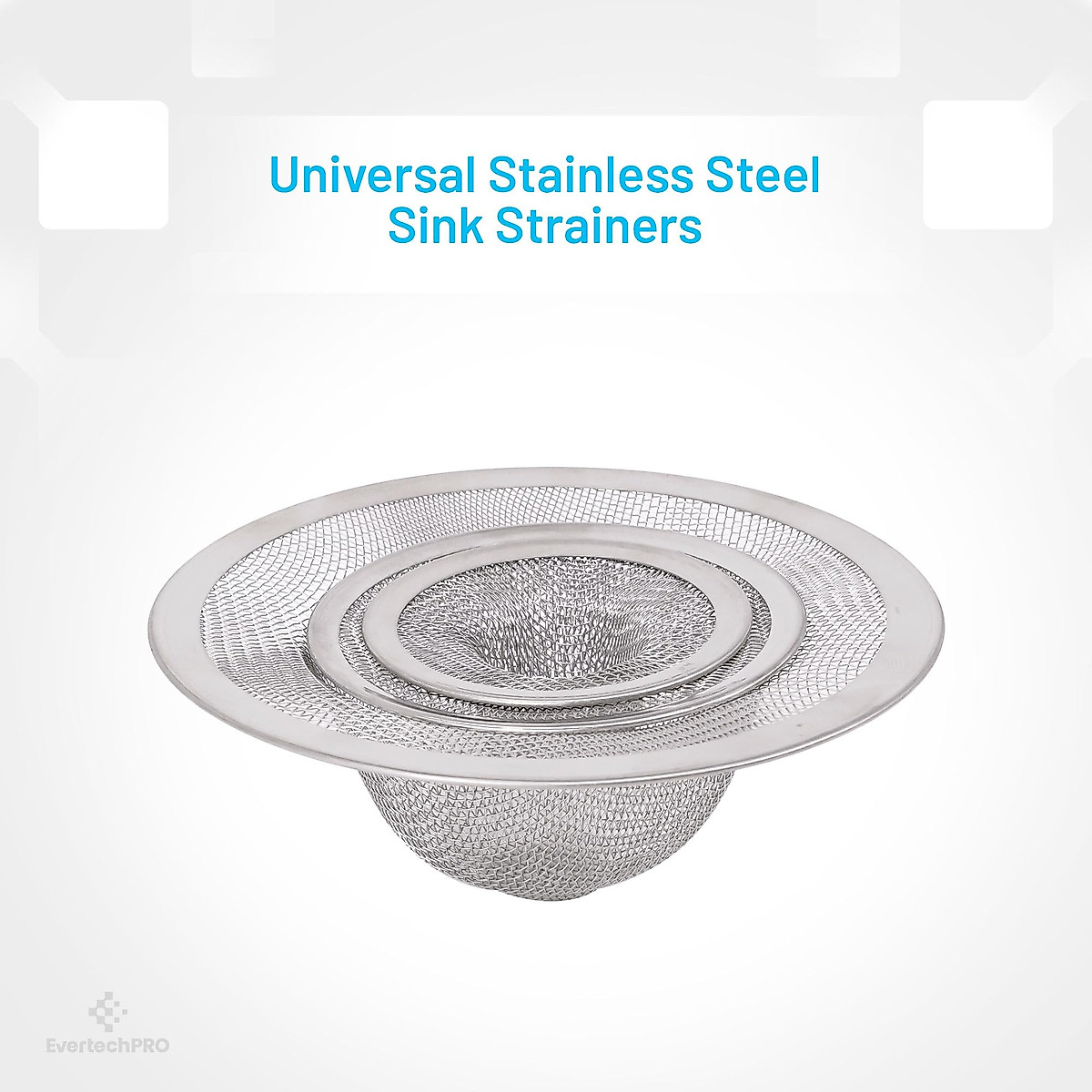 PLB23016 EvertechPRO Universal Mesh Sink Strainer, Drain Screen for Kitchen Sink, Bathroom Bathtub, Shower Drains - 3 Sizes (4-1/2, 2-3/4, 2-1/4) - 3 in 1 Easy to Install and Clean