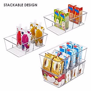 Vtopmart 6 Pack Food Storage Organizer Bins, Clear Plastic Bins for Pantry, Kitchen, Fridge, Cabinet Organization and Storage, 4 Compartment Holder Packets, Snacks, Pouches, Spice Packets