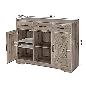 HOSTACK Modern Farmhouse Buffet Cabinet with Storage, Barn Doors Sideboard Buffet Storage Cabinet with Drawers and Shelves, Wood Coffee Bar Cabinet for Kitchen, Dining Room, Living Room, Ash Grey