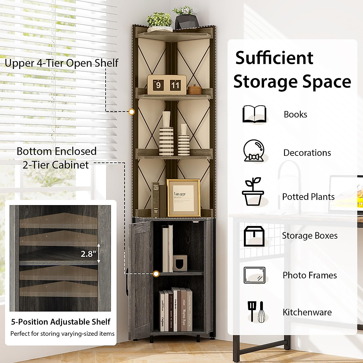 Tangkula Tall Corner Storage Cabinet, 71” Industrial 6 Tier Storage Shelf w/Door Cabinet, Corner Bookshelf Plant Stand, X-Shaped Metal Frame Standing Cabinet for Living Room, Small Spaces (Grey)