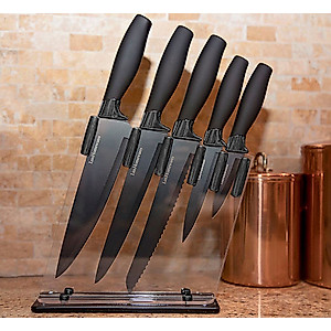 Luxhomewares 6 Piece Knife Set | 5 Beautiful Black Titanium Knives with Block Sharp Kitchen Sets Multiple Size, All Purpose 8 inch Chef, Bread, & Carving Utility Paring
