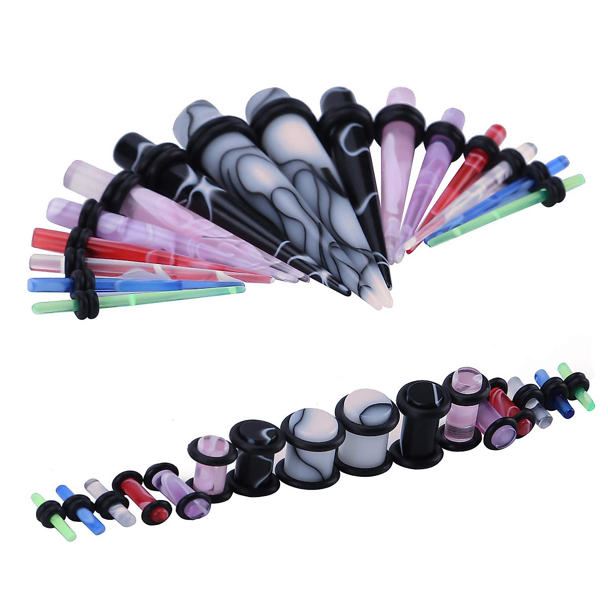 WBRWP 32pcs Ear Stretching Kit Set - Acrylic Tapers and Plugs with Double O-Ring Ear Expander Gauges Stretcher Body Piercing Jewelry Colorful 14g-0g
