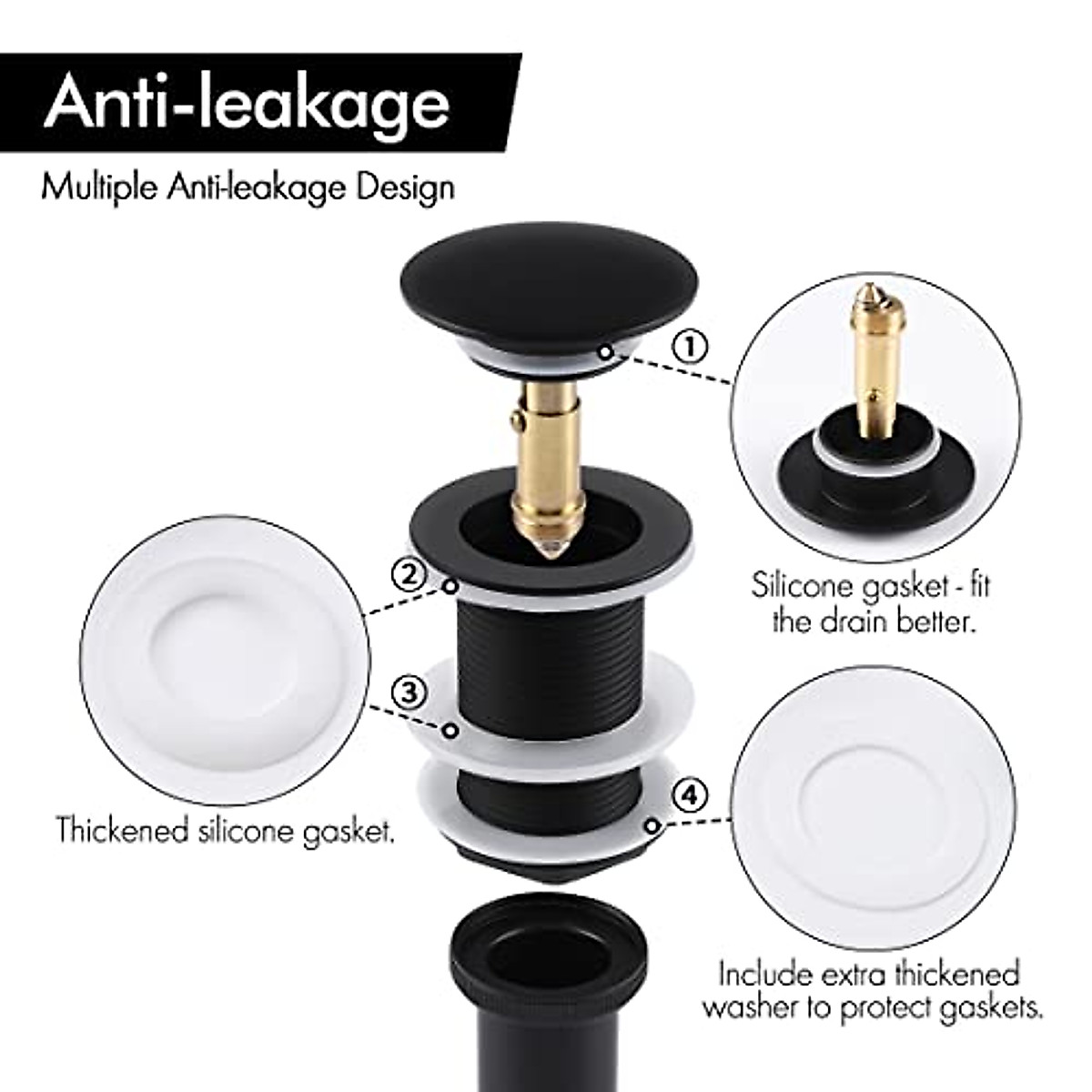 KES Bathroom Sink Drain Pop Up Drain Without Overflow, Vessel Sink Stopper Matte Black, All Metal Rustproof Brass and 304 Stainless Steel, S2008S62D-BK