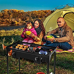 GYMAX Outdoor Stove, 2-Burner High Pressure Propane Gas Camp Stove with Detachable Height Adjustable Legs, Perfect for Camping Patio, 150,000-BTU